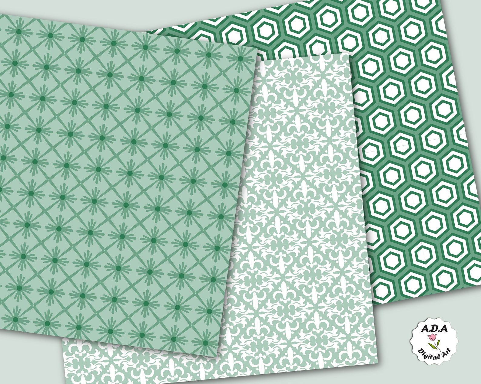 Green Digital Paper, Green Geometric Pattern, Green Scrapbook Paper ...