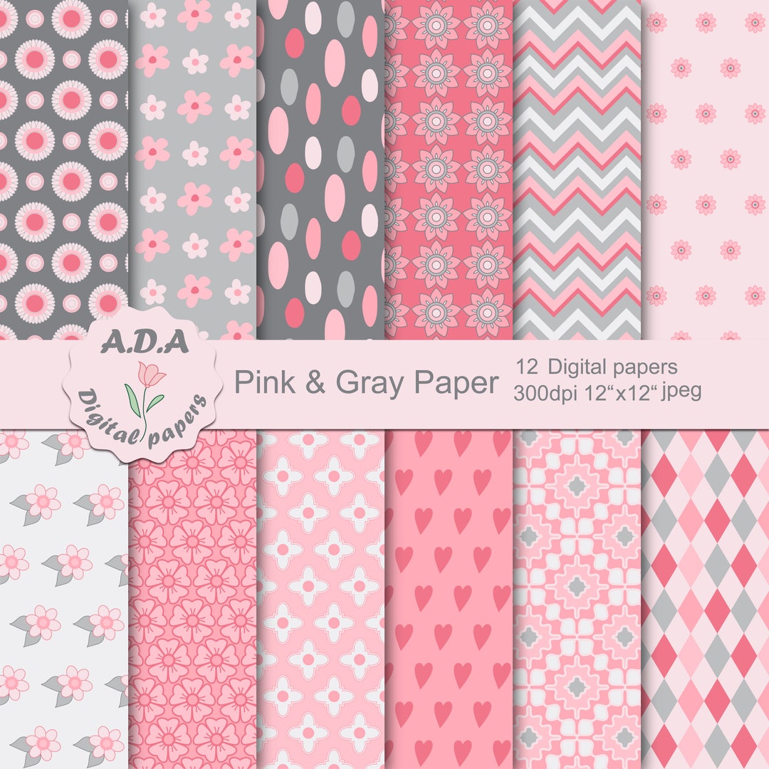 Pink and Gray Digital Paper Pack, Pink and Gray Scrapbooking Paper ...