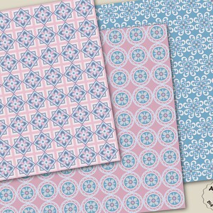 Retro Blue and Pink Digital Paper Pack, Floral Scrapbooking Paper, Blue ...