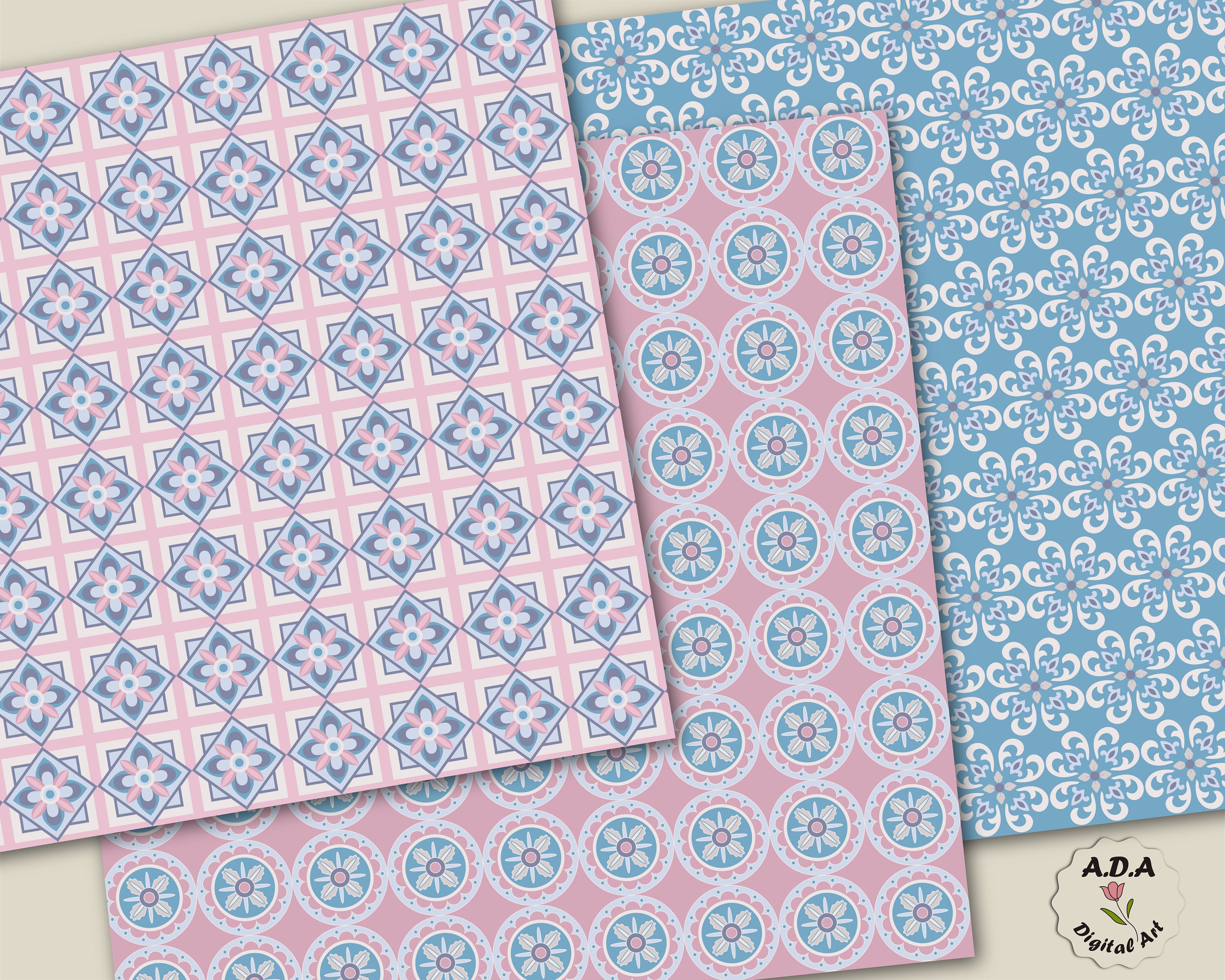 Retro Blue and Pink Digital Paper Pack, Floral Scrapbooking Paper, Blue ...