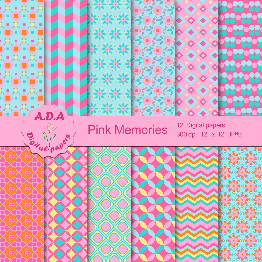 Pink and Light Blue Digital Paper Pack, Scrapbooking Papers, Pink and ...