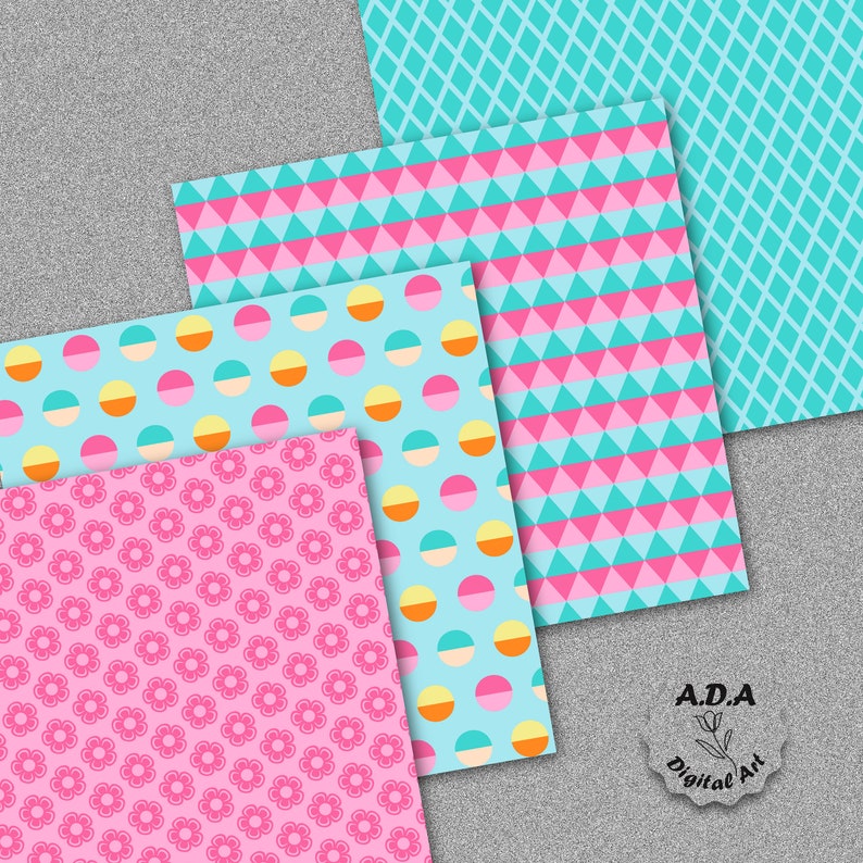 Pink and Light Blue Digital Paper Pack, Scrapbooking Paper, Pink and ...