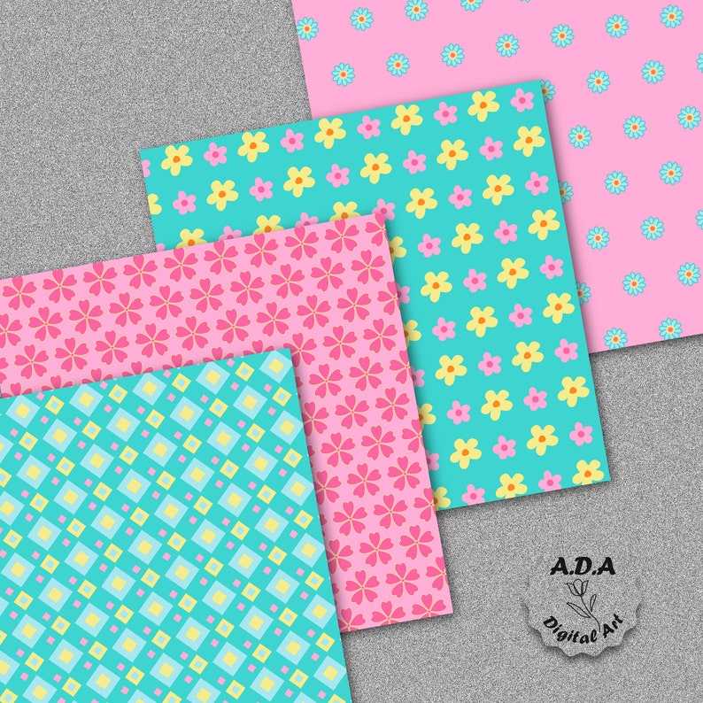 Pink and Light Blue Digital Paper Pack, Scrapbooking Paper, Pink and ...