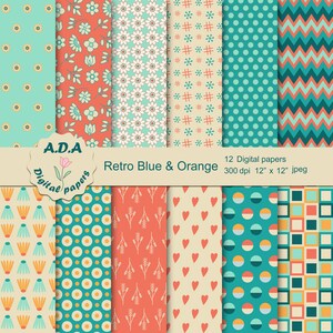 Retro Paper Pack, Blue and Orange Background, Turquoise Scrapbook Paper ...