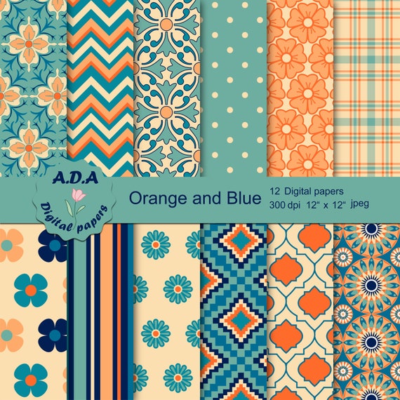 Orange and Blue Digital Paper Pack Orange and Blue Floral - Etsy