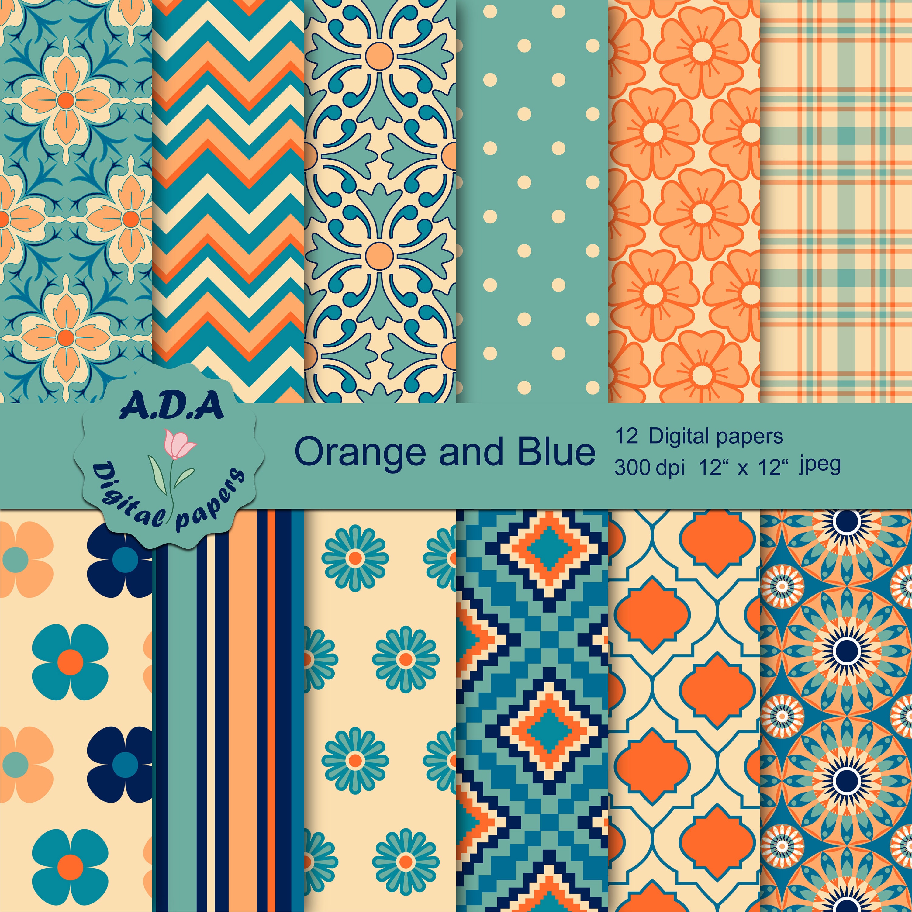 Orange and Blue Digital Paper Pack Orange and Blue Floral - Etsy