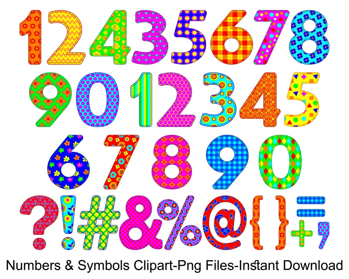 Numbers Clipart, Colorful Numbers and Symbols Clip Art, Patterned ...