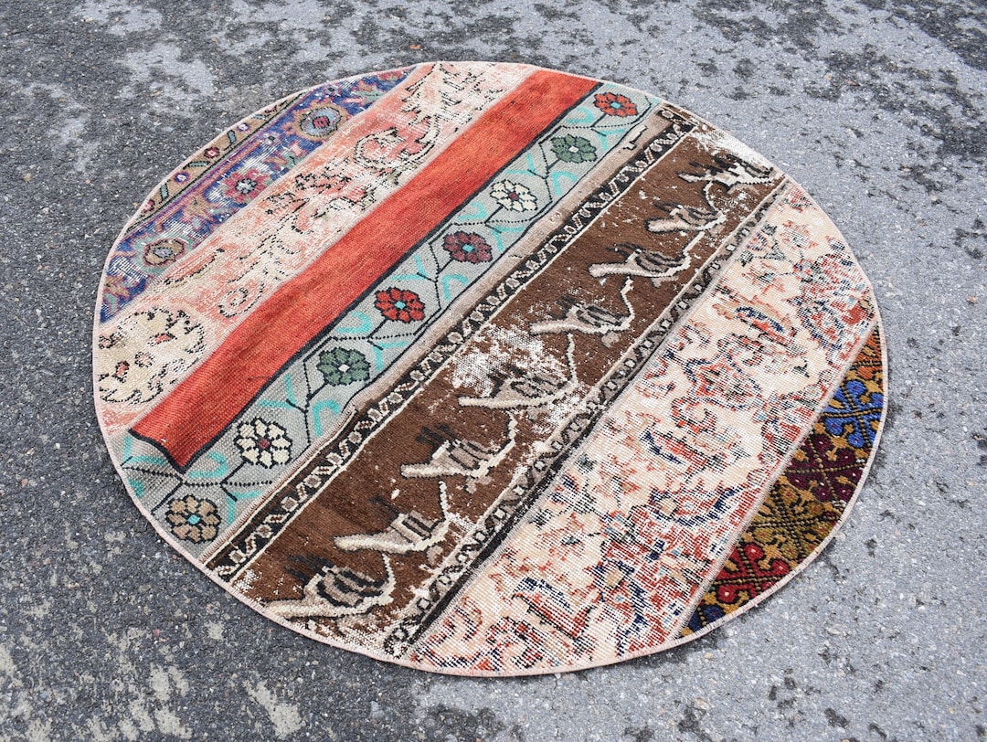 Turkish Round Area Rug, Vintage Circle Rug, Handmade Wool Rug, Bohemian ...