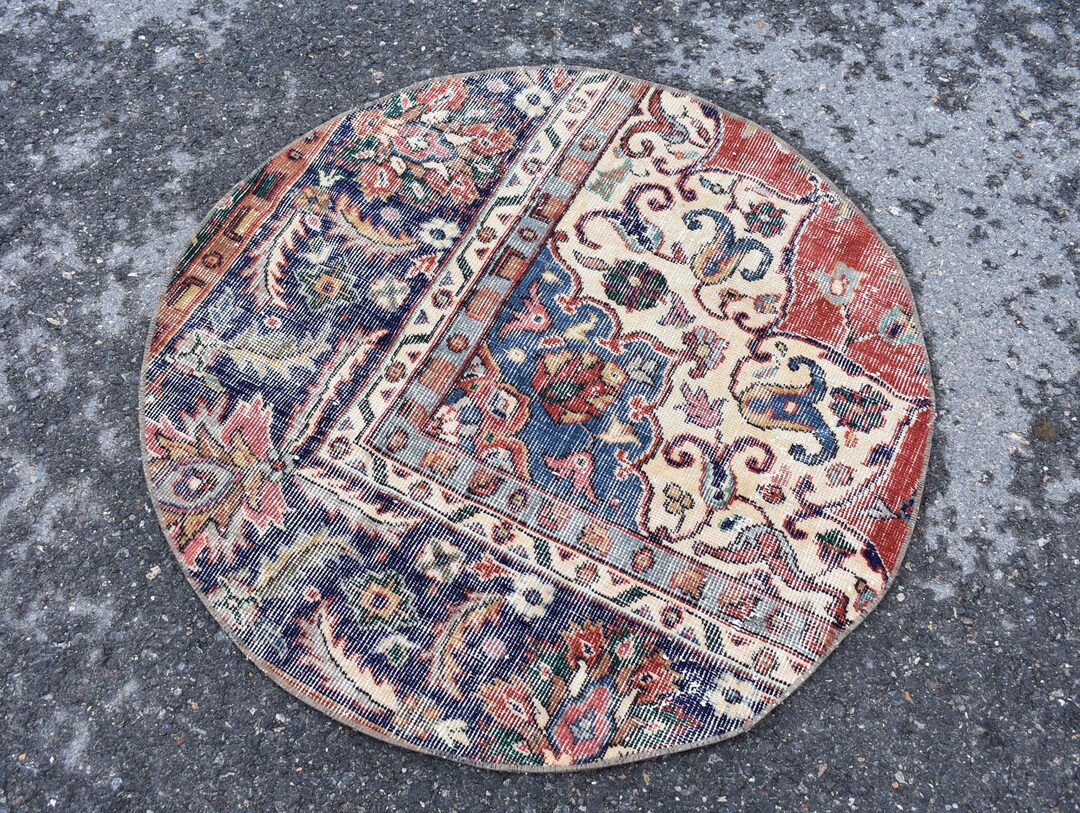 Small Blue Rug, Wool Rug, Turkish Round Rug, Vintage Rug, Handmade Rug ...