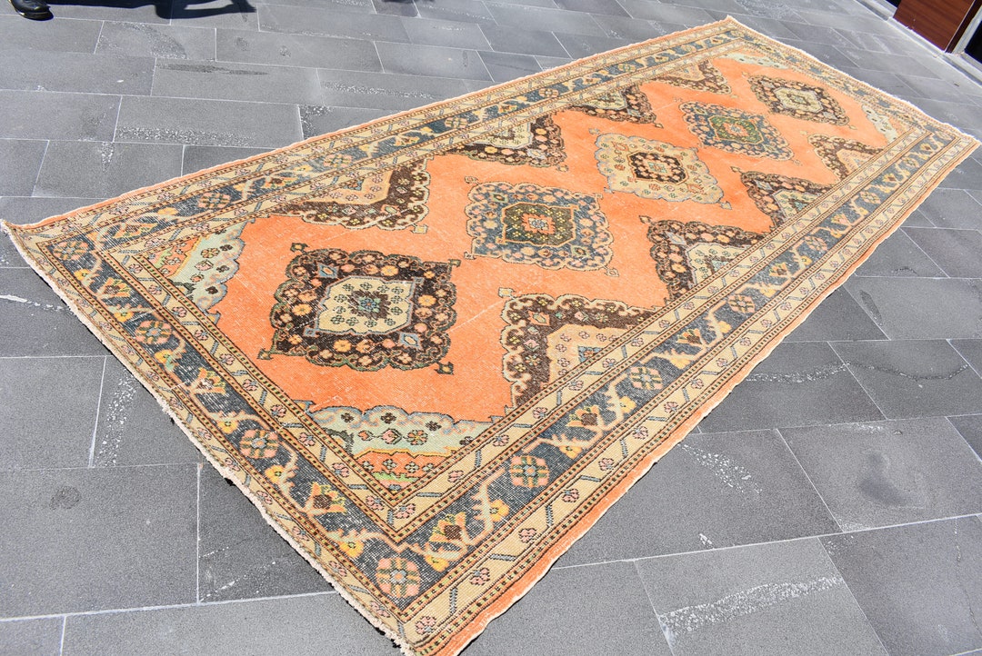 Orange Vintage Rug, Aztec Rug, Turkish Rug, Area Rug, Handmade Rug ...