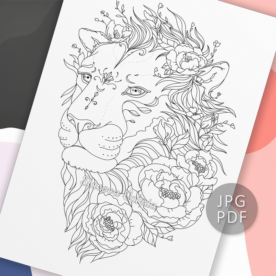 Fantastic Lion in Flowers Coloring Page, Instant Download, PDF Download ...