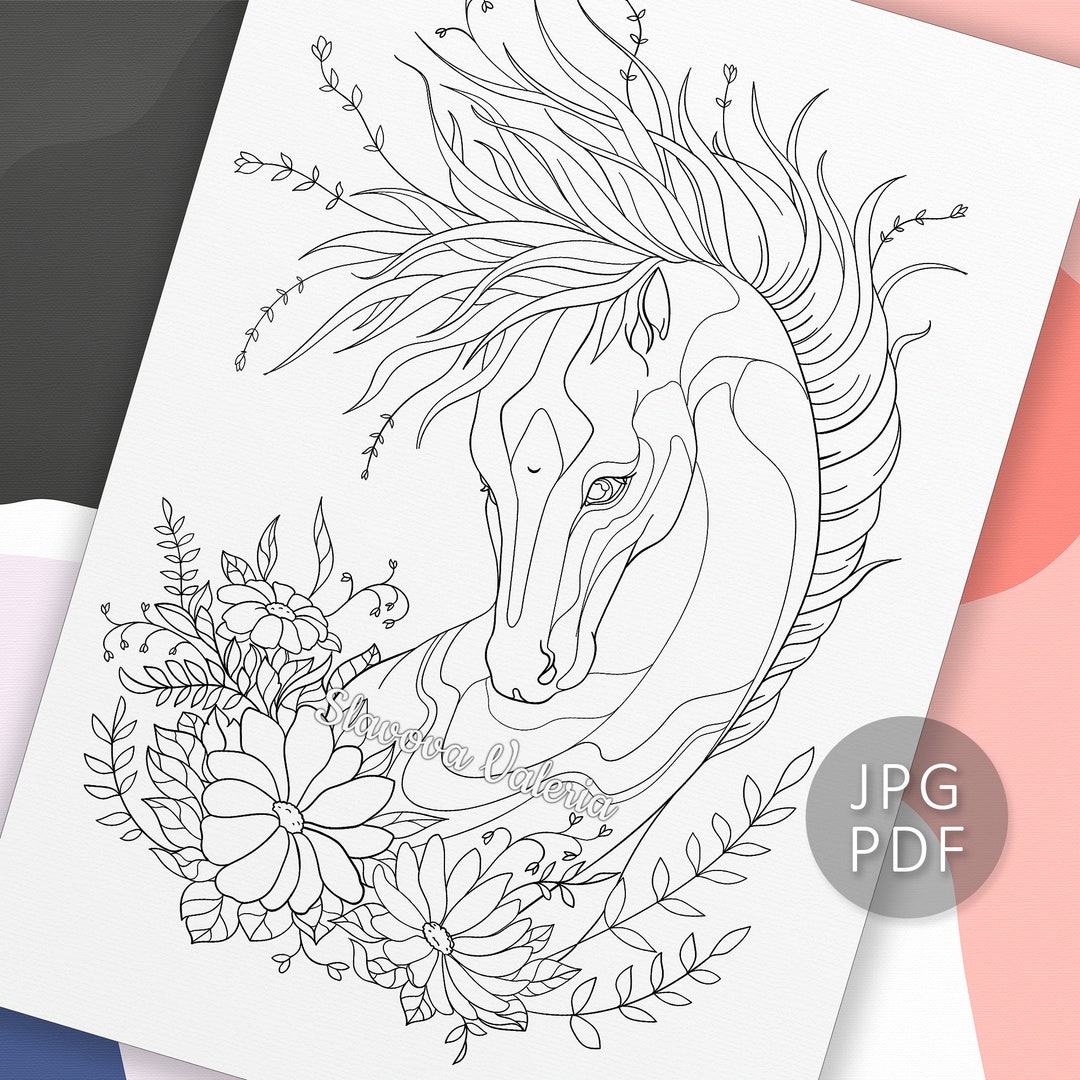 Floral Horse Coloring Page: Wild Animals Printable (PDF/JPG Download ...