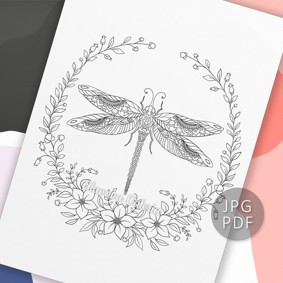 Dragonfly Coloring Page PDF Zentangle Coloring Page | Etsy