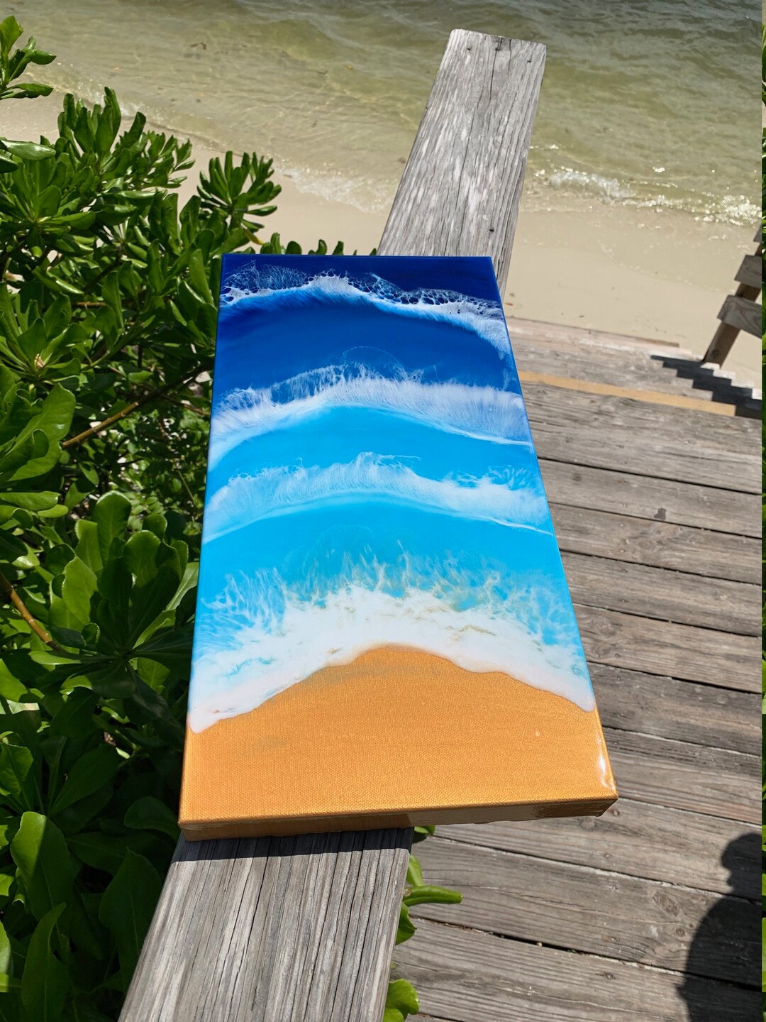 10" X 20" Beachy Resin Painting, Gallery Wrapped Canvas, Ocean Wall Art ...