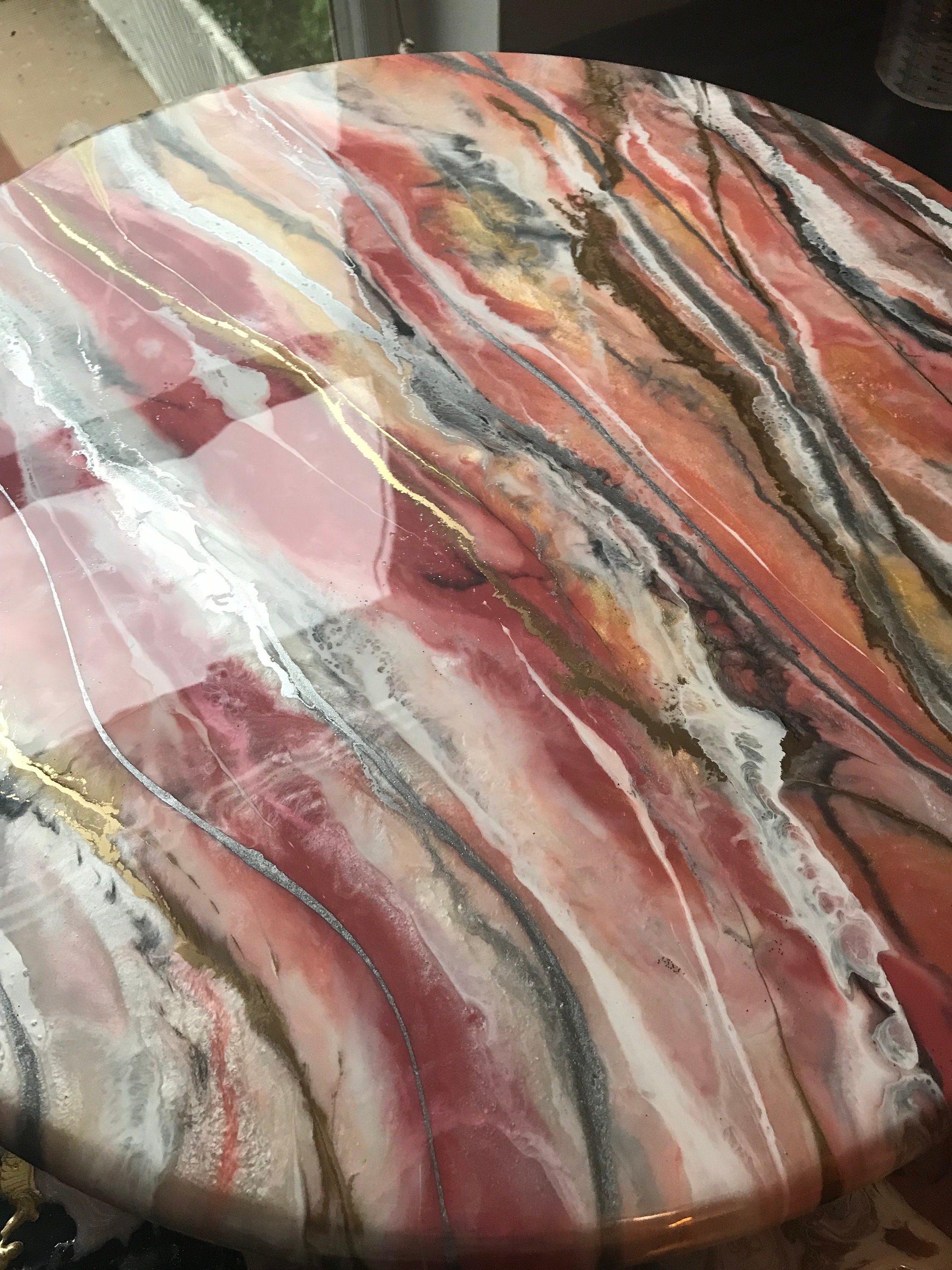 Pink "marble" Resin Pour Painted Table Top With Natural Wood Tapered ...