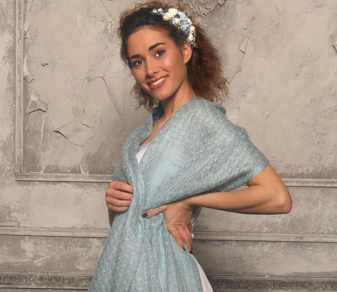 Antique Blue Wedding Wrap, Dusty Blue Knitted Shawl, Powder Blue Bridal ...