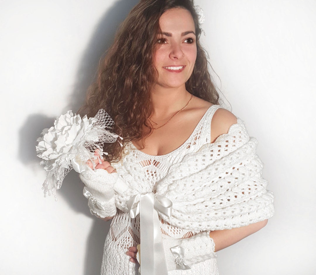 Crochet Wedding Shawl: White Bridal Wrap With Satin Ribbon - Etsy