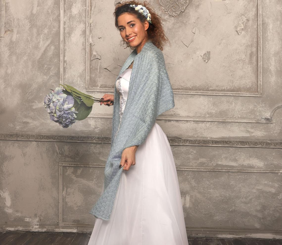 Antique Blue Wedding Wrap, Dusty Blue Knitted Shawl, Powder Blue Bridal ...