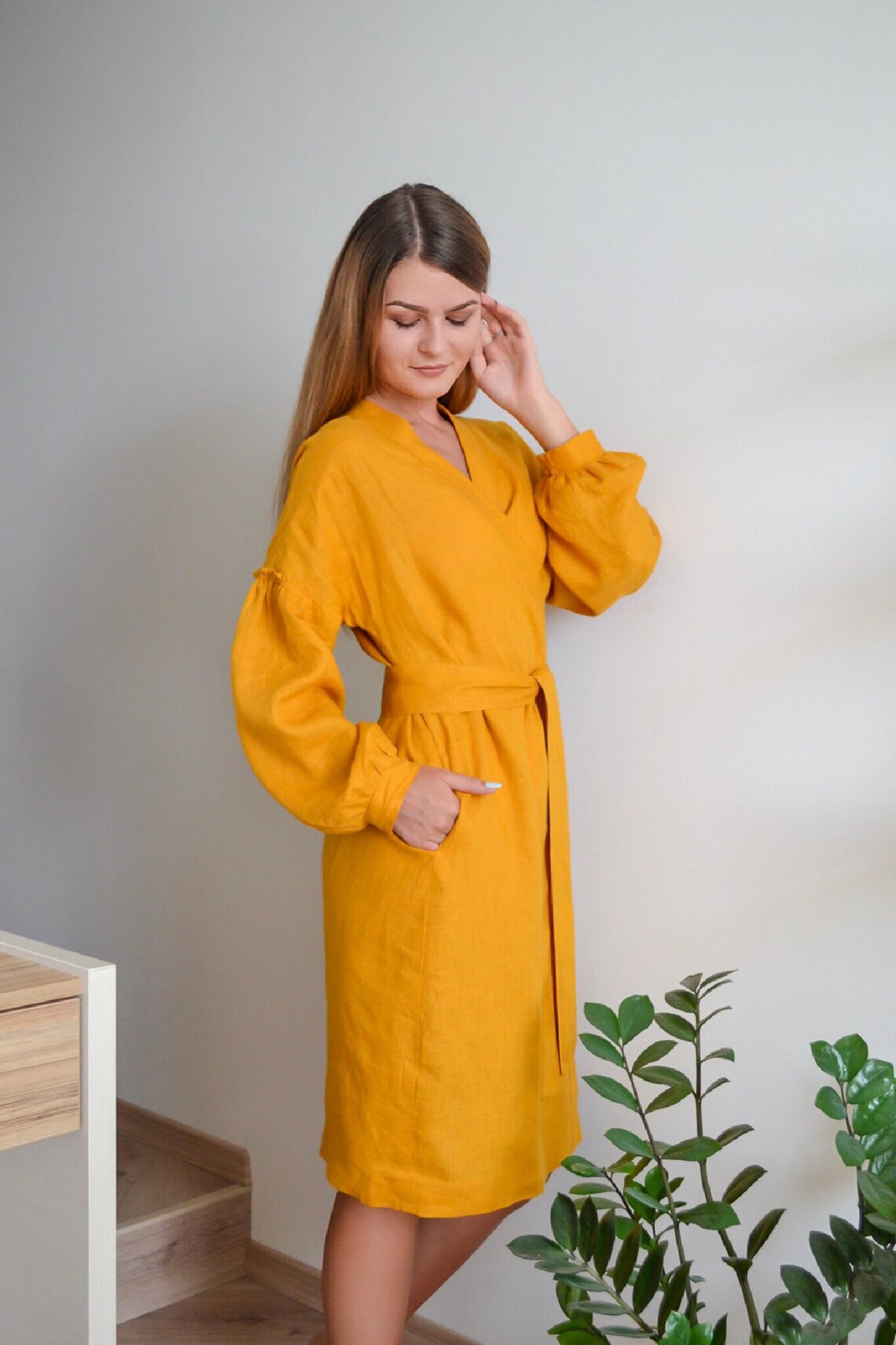 Mustard Linen Dress Amber Dress Women Wrap Dress Linen | Etsy