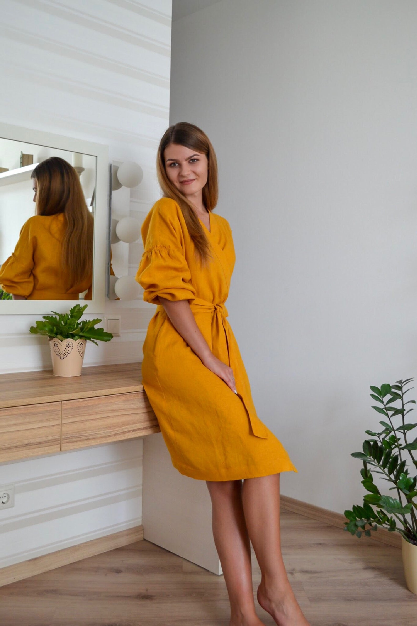Mustard Linen Dress Amber Dress Women Wrap Dress Linen | Etsy
