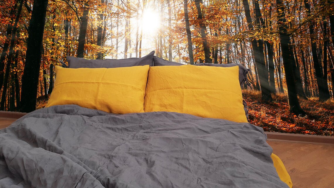 Mustard Yellow and Grey Linen BEDDING SET: 2 Pillowcases and Duvet ...