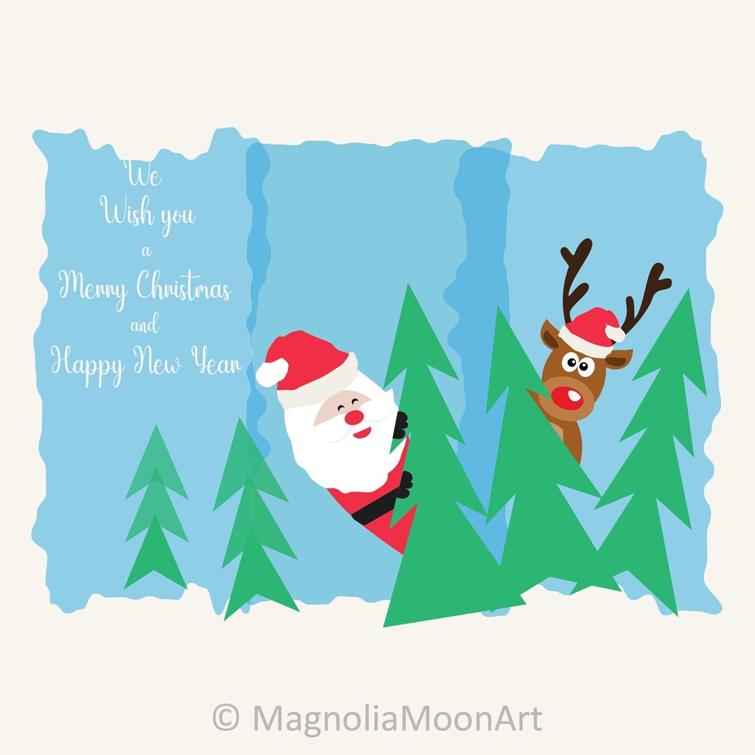Santa Claus and Reindeer in Santa Hat Hiding Behind Trees Christmas ...