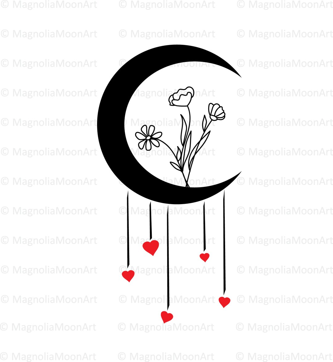Moon With Flowers and Hearts Svg, Crescent Moon Svg, Cut File for ...