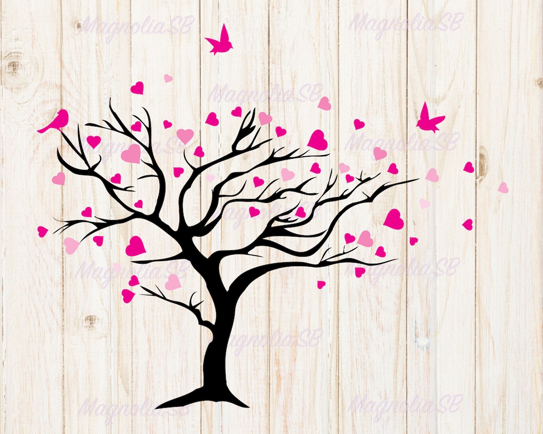 Tree With Hearts and Birds SVG, Valentine Tree Svg, Dxf, Pink Hearts ...