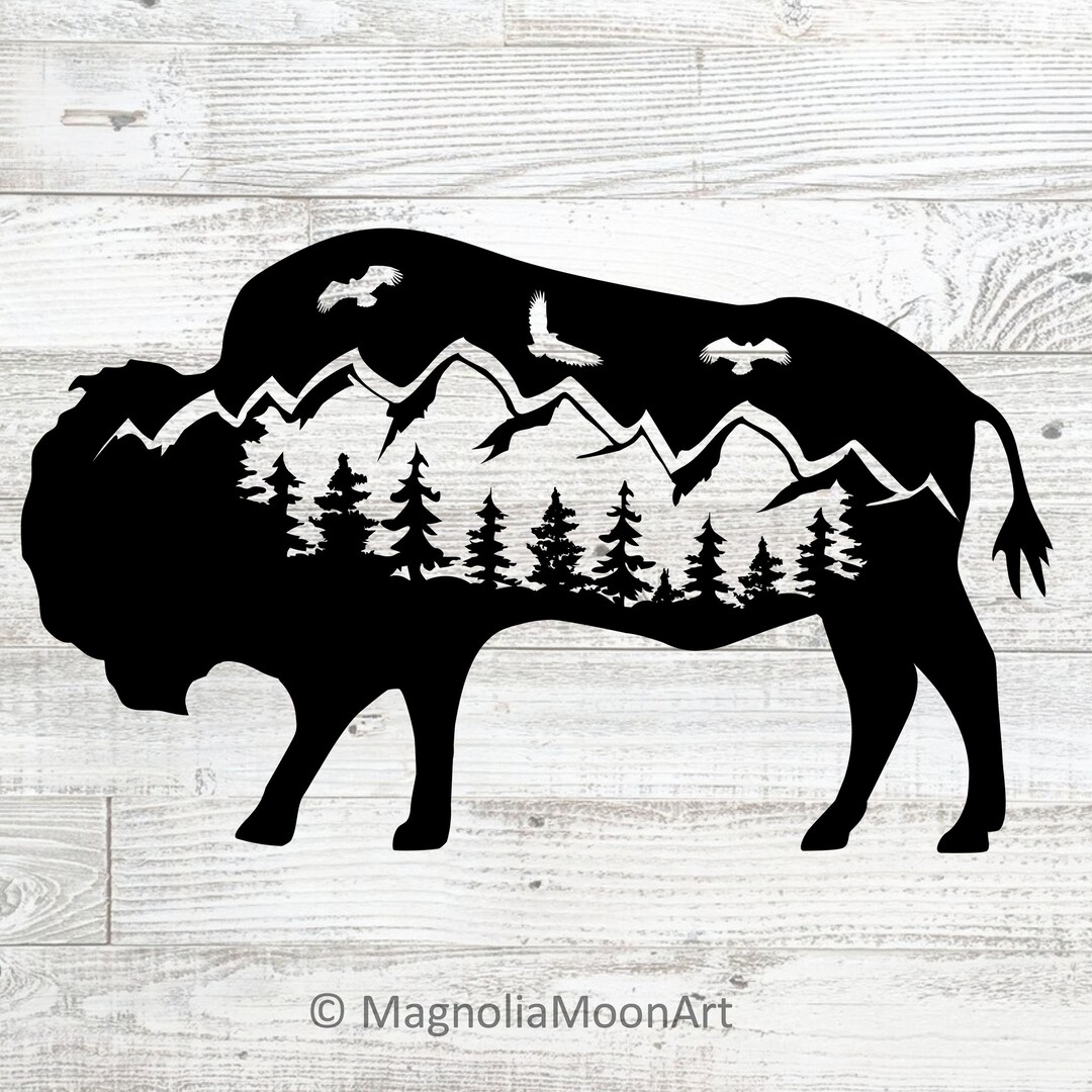Bison With Forest, Mountains, Eagles SVG File, Fantasy Bison Clipart ...