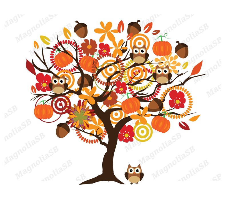 Fall Tree Digital Clip Art Fall Tree With Owls Printable - Etsy