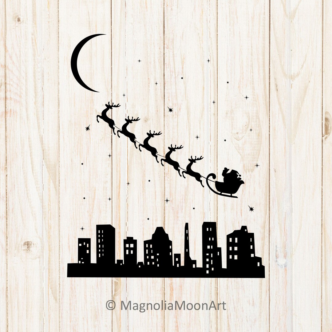 Santa Claus Flying With Reindeer Over the City Svg, Christmas Svg ...