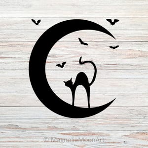 Spooky Halloween Moon Cat and Bats SVG - Cut File for Cricut, DXF, PNG ...