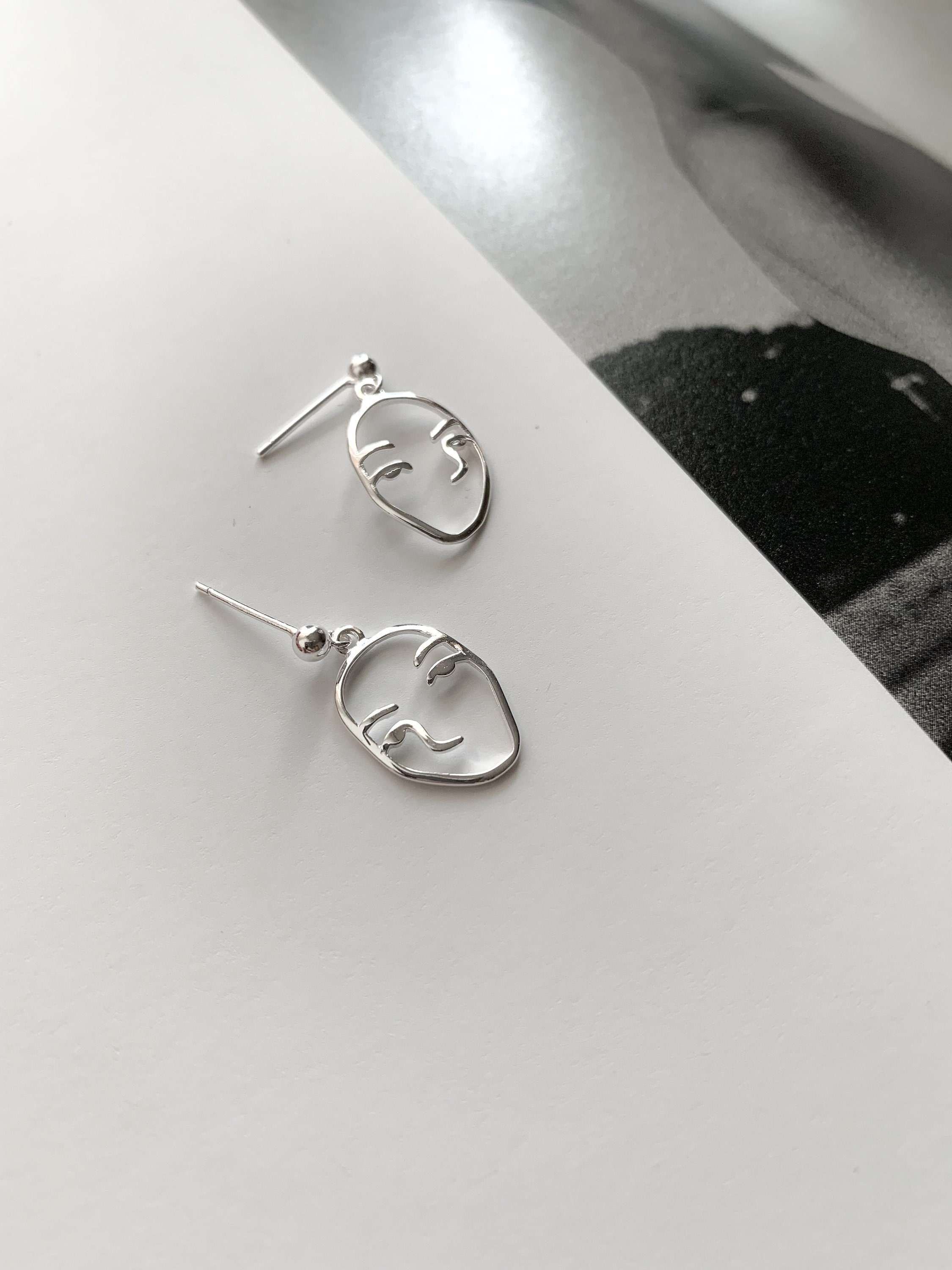 925 Sterling Silver Abstract Face Earrings Simple Sketch Face | Etsy