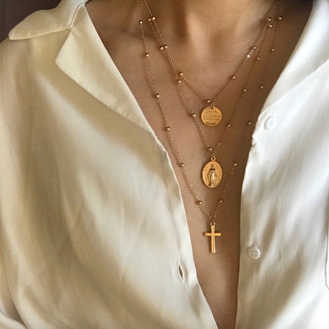 Saint Cross Layering Necklace Set, Gold Coin Necklace, Medallion ...