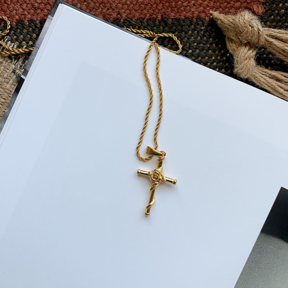 Trendy Rose Cross Gold Necklace Rope Chain Necklace Gold | Etsy