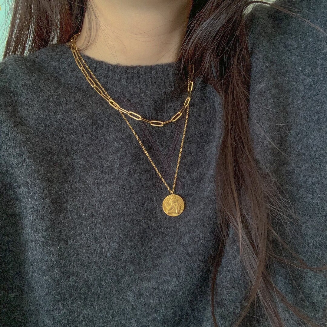 Gold Guardian Angel Layering Necklace, Chunky Chain Layering Necklace ...