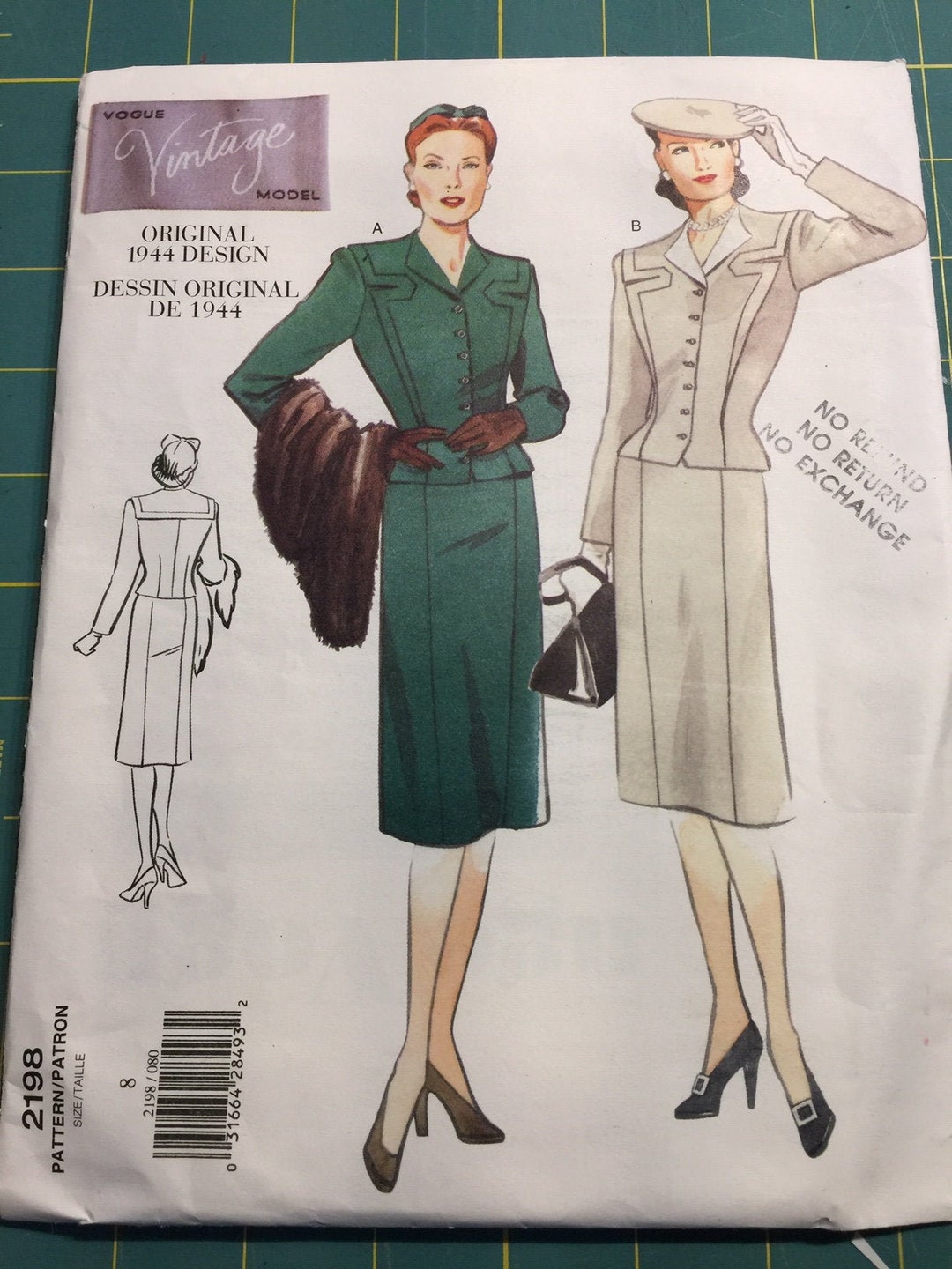 VINTAGE VOGUE PATTERN 1944 Suit Uncut #2198 Size 8 Bust 31 1/2 - Etsy