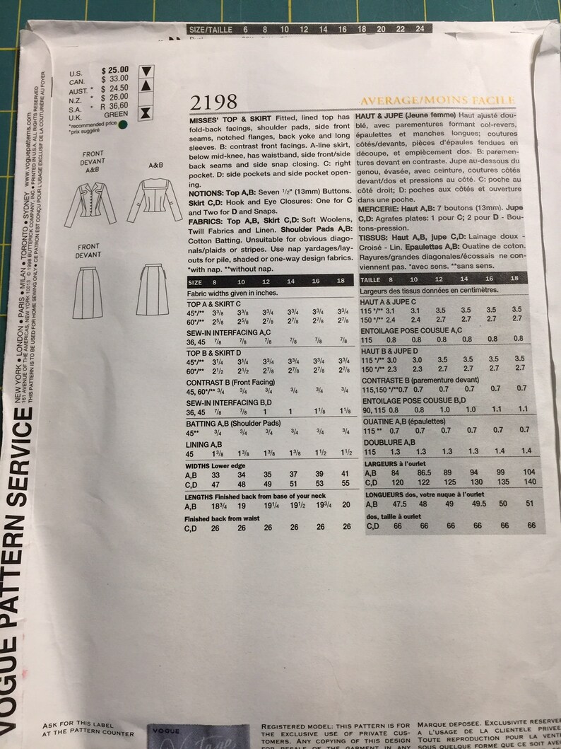 VINTAGE VOGUE PATTERN 1944 Suit Uncut 2198 Size 8 Bust 31 1/2 - Etsy