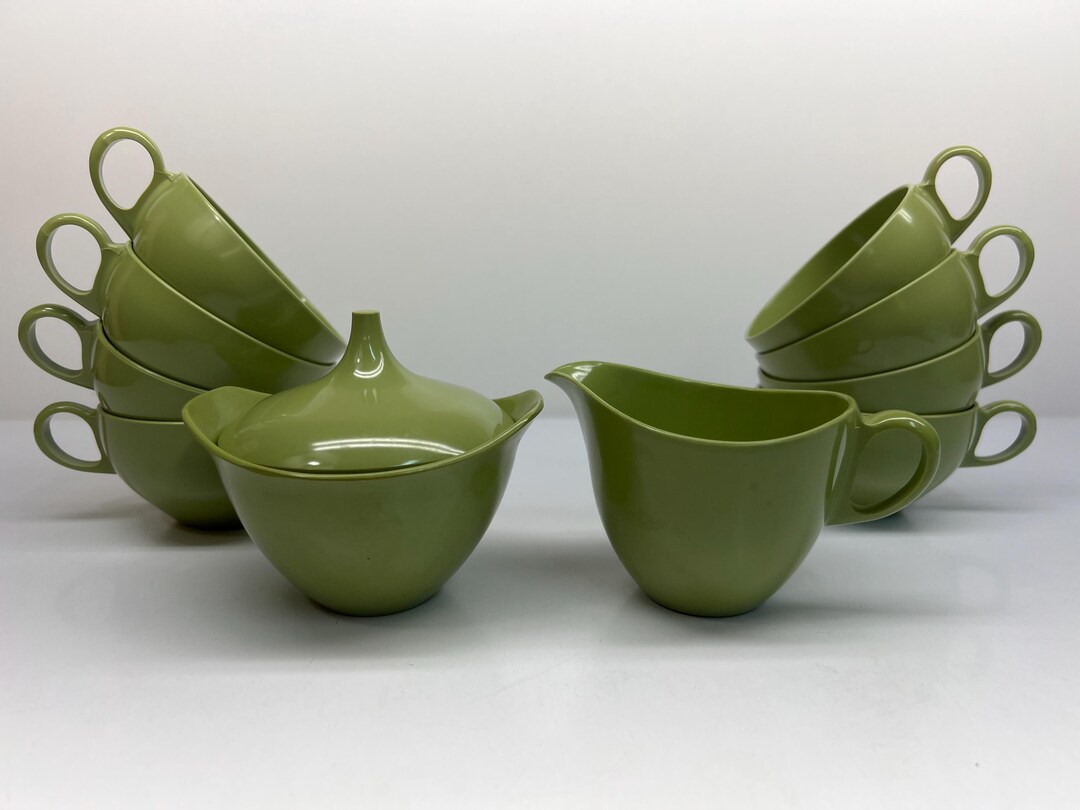 Vintage Oneida OD Avocado Green Melamine Coffee Set 8 Cups Creamer ...