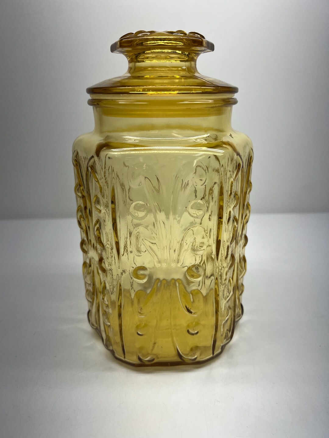 Vintage Federal Glass Show off Scroll Pattern Honey Amber Canister Jar ...