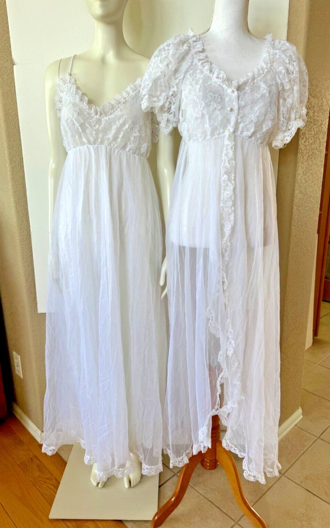 Vintage Tosca California Bridal White Peignoir Set Baby Doll Gown Robe ...