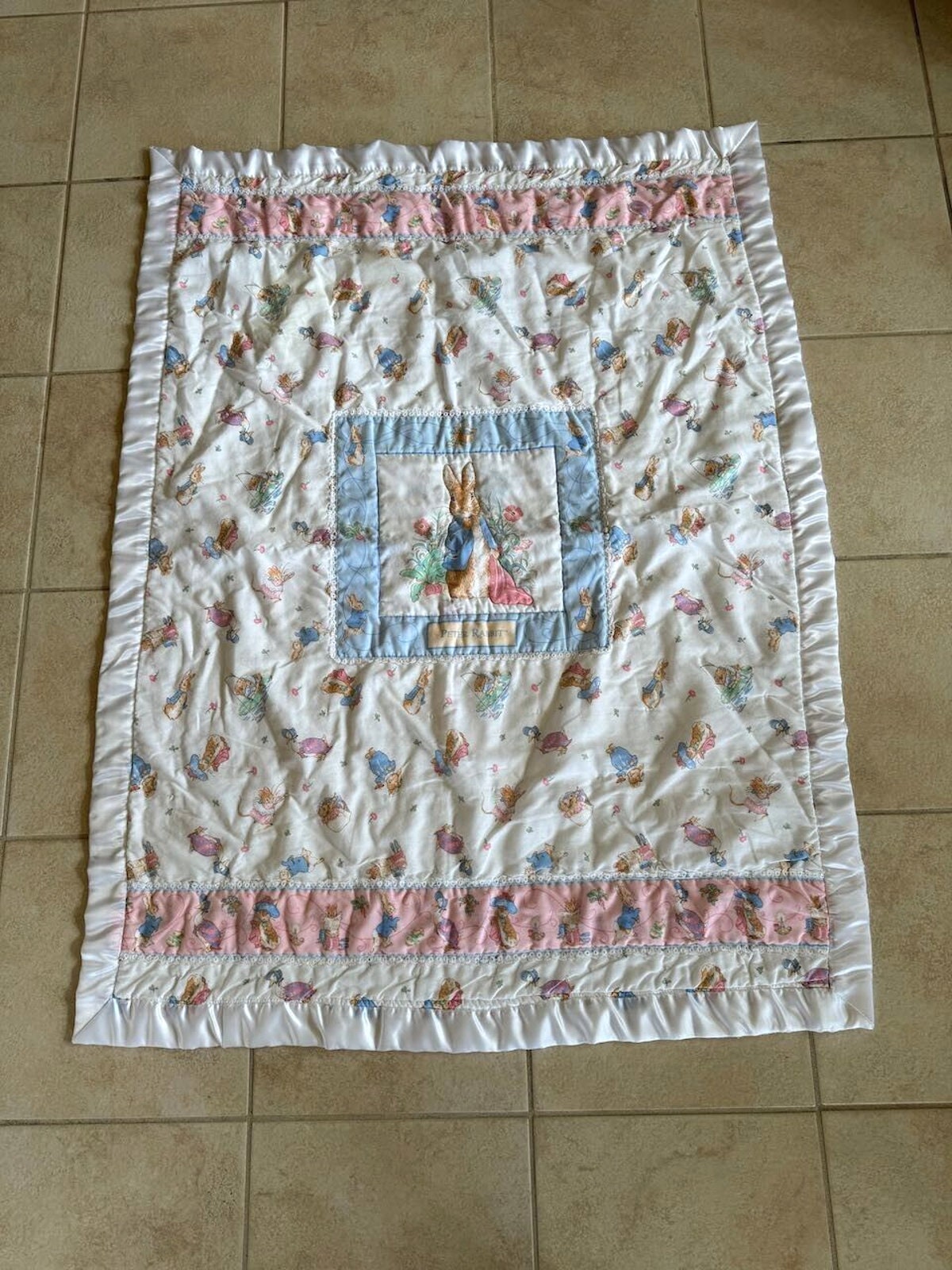 Vintage Peter Rabbit Baby Blanket Satin Edge White Pink Blue 47 X 35 ...