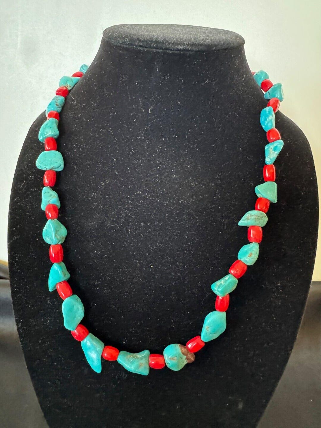 Vtg Native American Navajo Turquoise Red Coral Necklace Silver Toggle ...