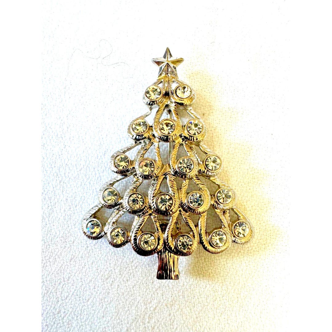 Vintage Monet Christmas Tree Brooch Silver Tone Clear Rhinestones 80s ...