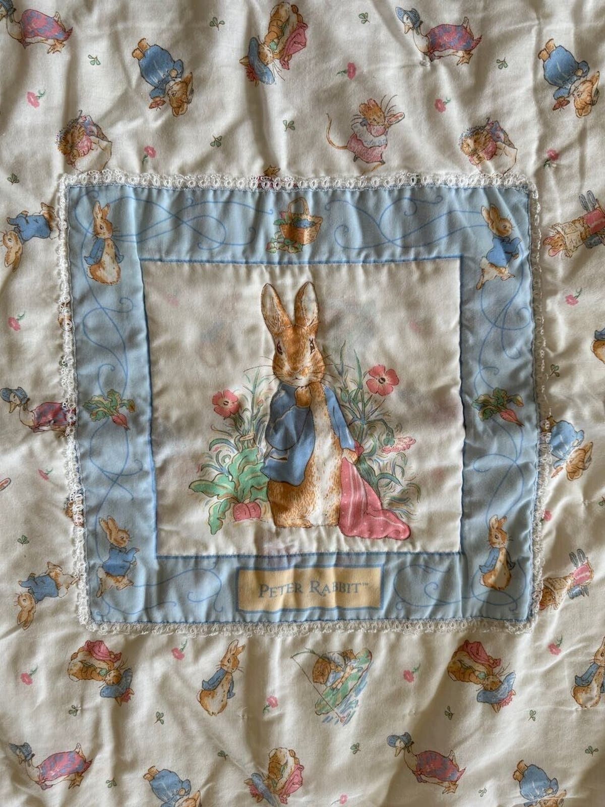 Vintage Peter Rabbit Baby Blanket Satin Edge White Pink Blue 47 X 35 ...