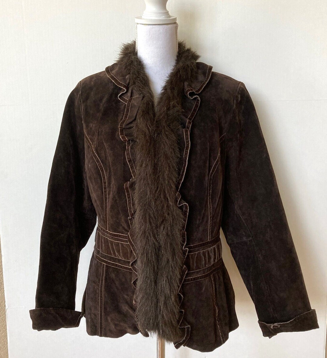 Lee Magram Collections Dark Brown Leather Suede Faux Fur Coat Womens Sz ...