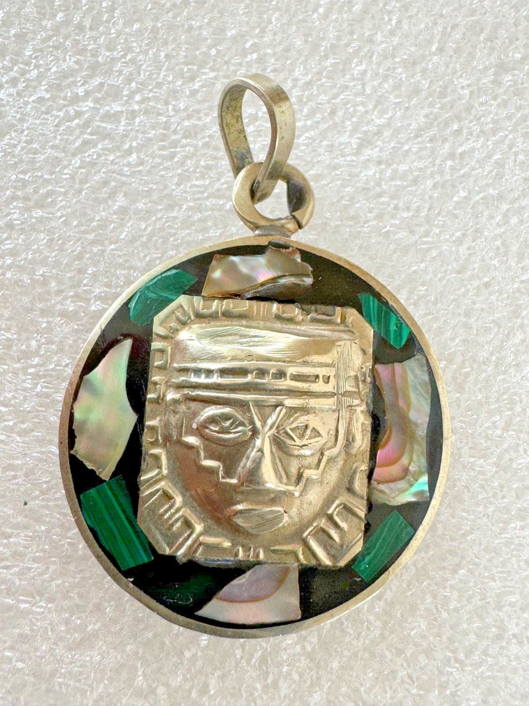 Vintage Silver Mexican Alpaca Mayan God Pendant Calendar Inlaid Abalone ...