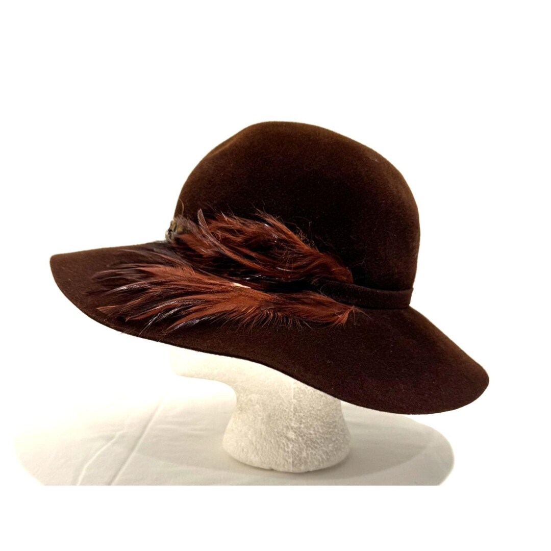 Vintage Womens Derby Hat Dark Brown Feather Statement Wool Soft Brushed ...