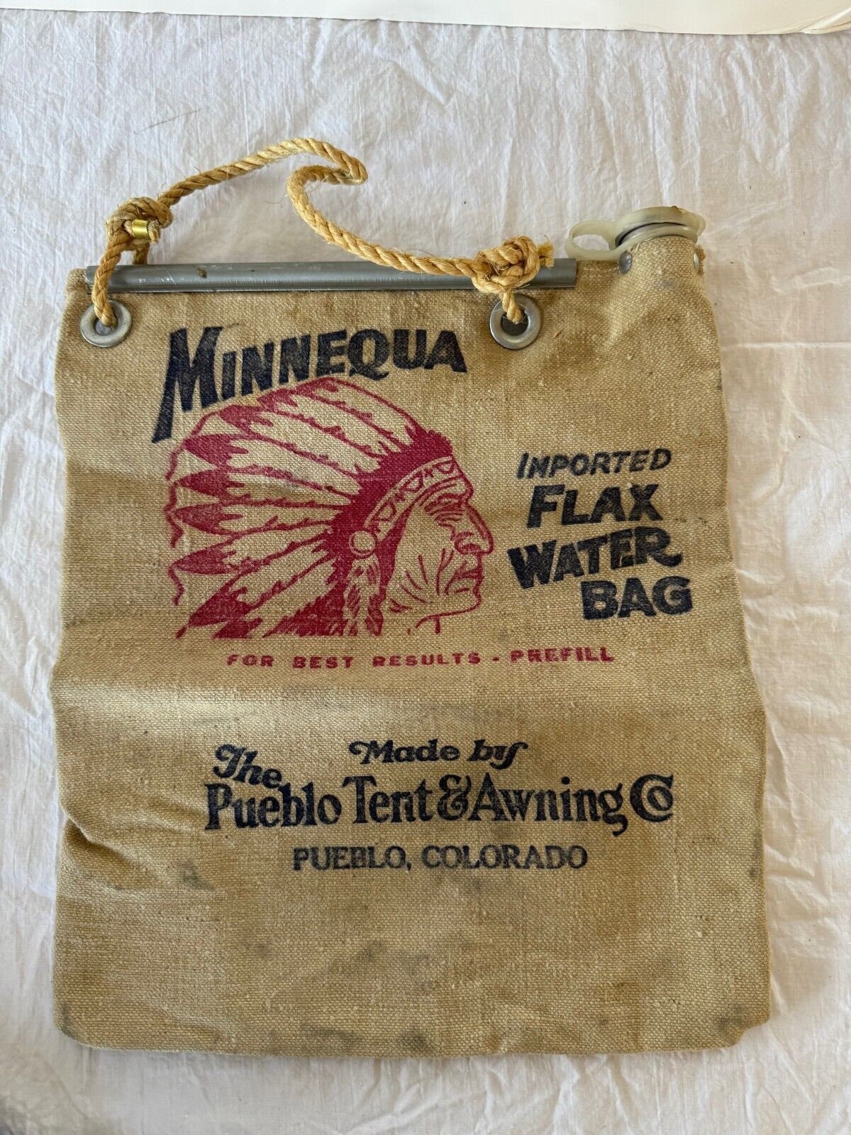 Vtg Minnequa Flax Water Bag Pueblo Tent & Awning Flax Canvas Indian ...