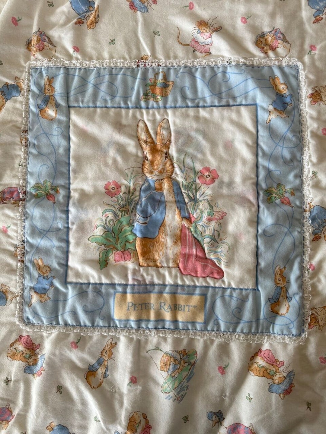Vintage Peter Rabbit Baby Blanket Satin Edge White Pink Blue 47 X 35 ...